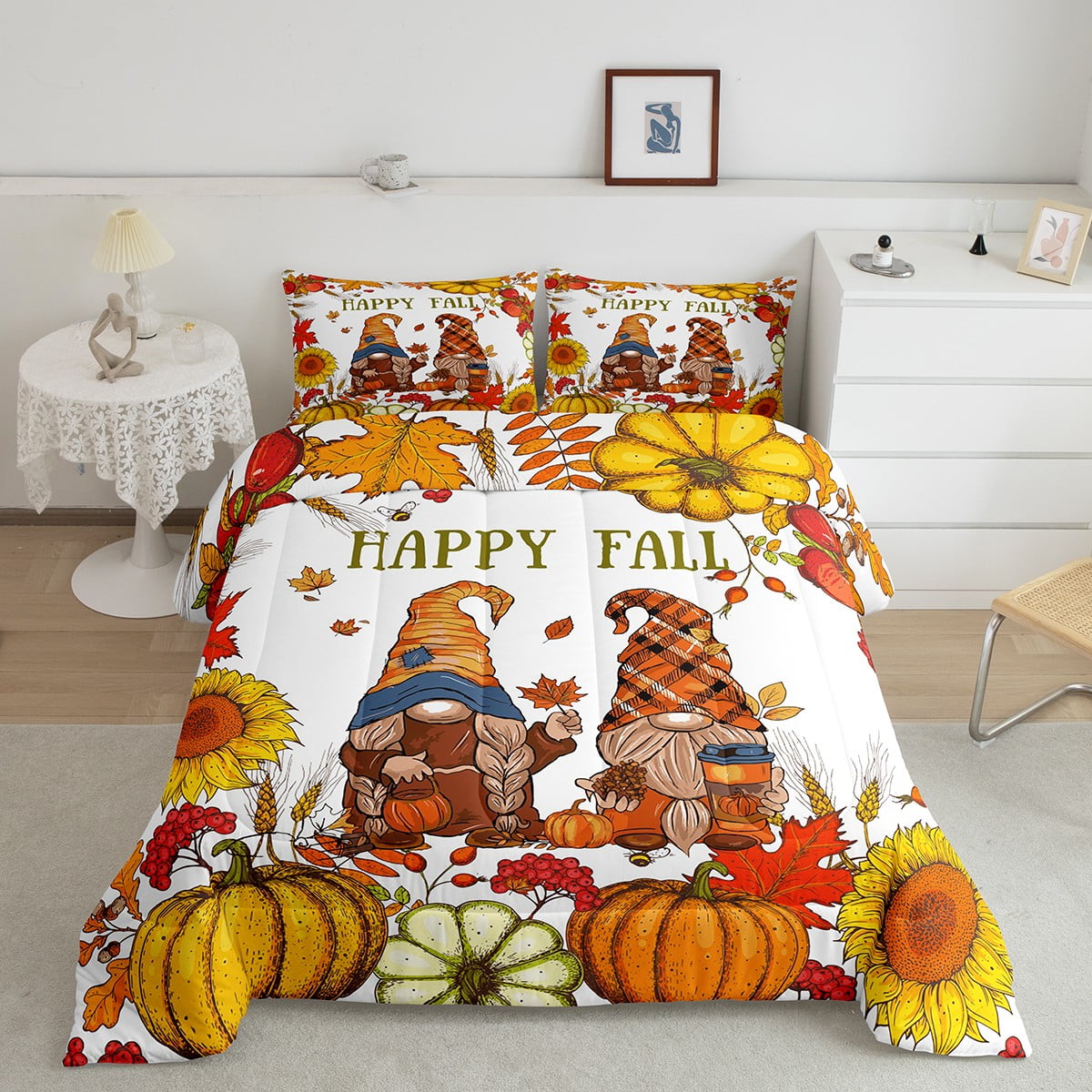 Fall Gnome Bed Comforter Set Autumn Pumpkin Maple Leaf Queen Bedding ...