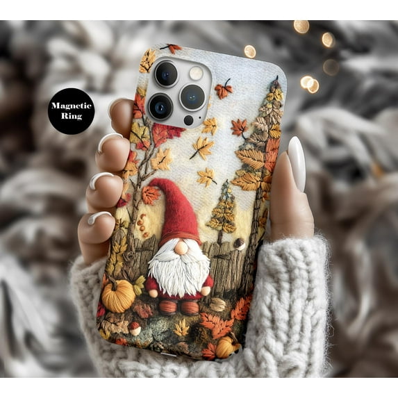 Fall Gnome Embroidery Phone Case with iPhone 17 16 15 14 13 12 11 Pro ...