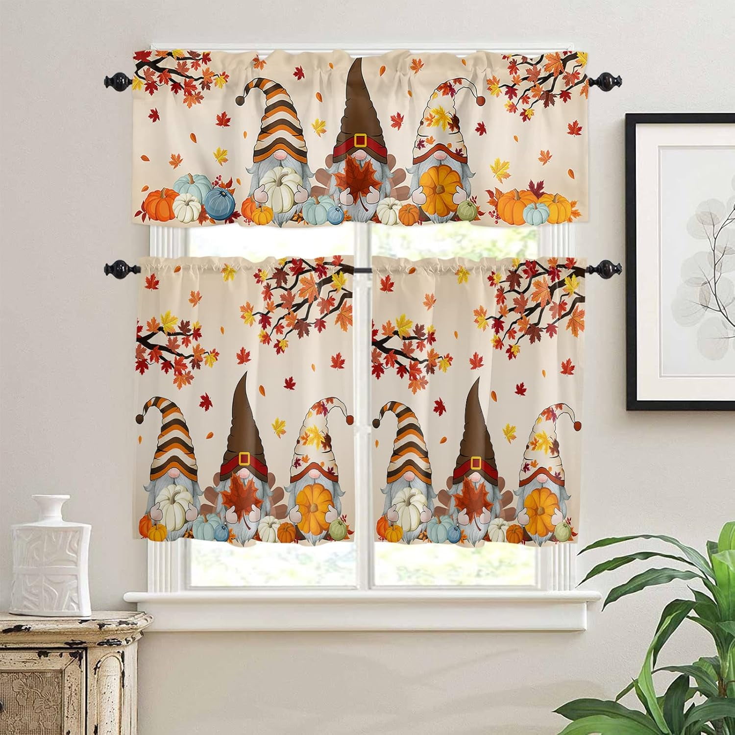 Fall Gnome Kitchen Curtain Valance and Tiers Set Fall Harvest Pumpkin ...