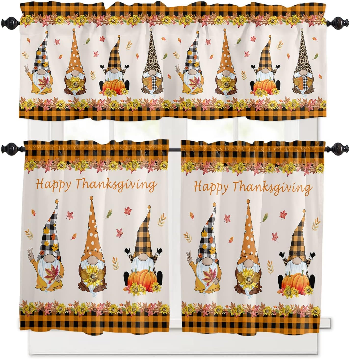 Fall Gnomes Curtain Tier and Valance Set Thanksgiving Kitchen 3 Piece ...