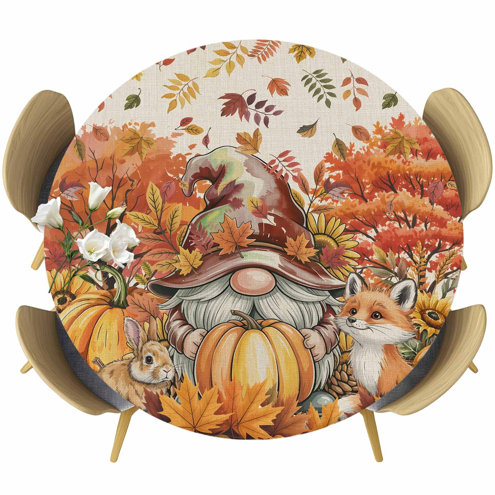 Fall Gnomes Pumpkin Round Tablecloth, Fitted Table Cover with Elastic ...