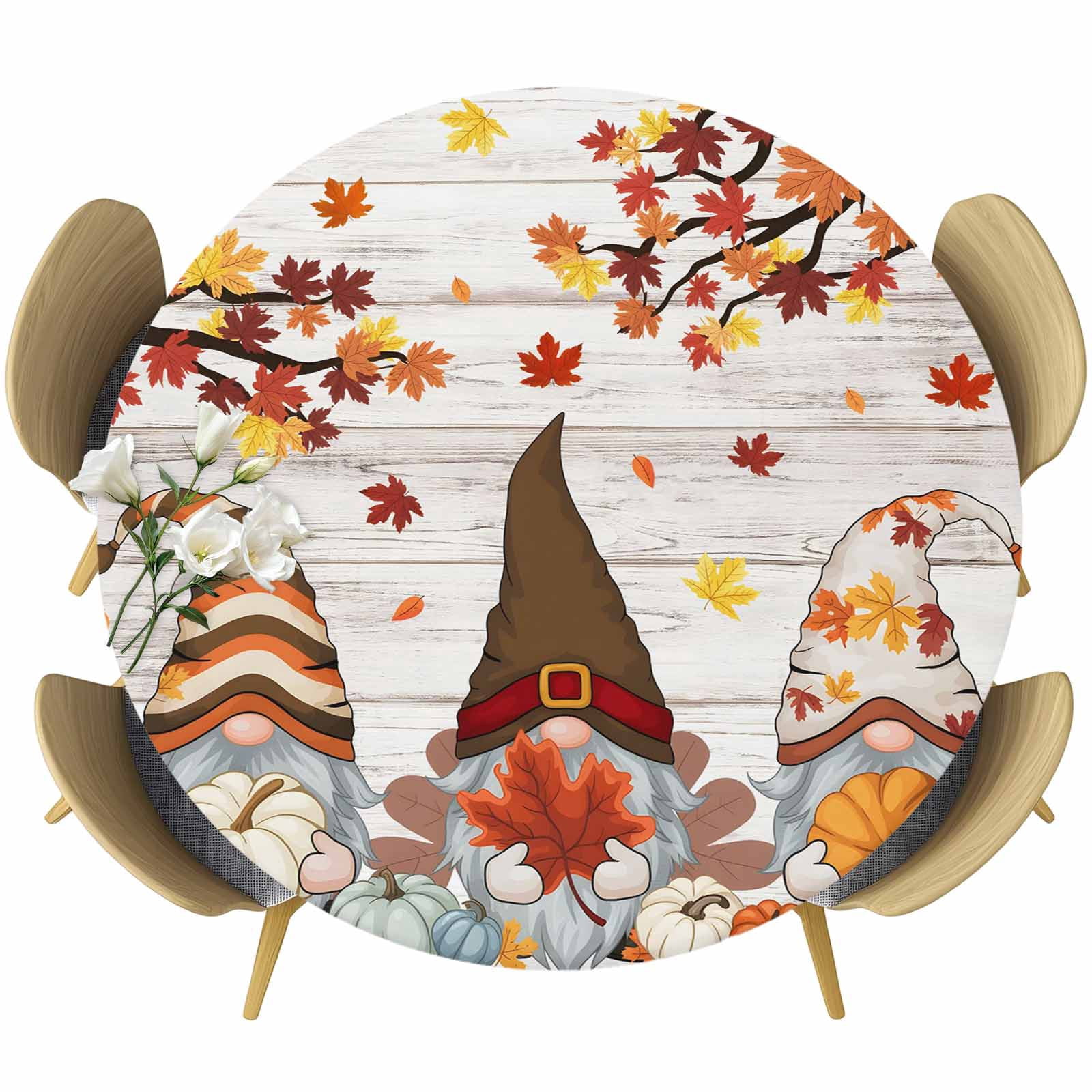 Fall Gnomes Round Tablecloth, Fitted Table Cover with Elastic for 36 ...