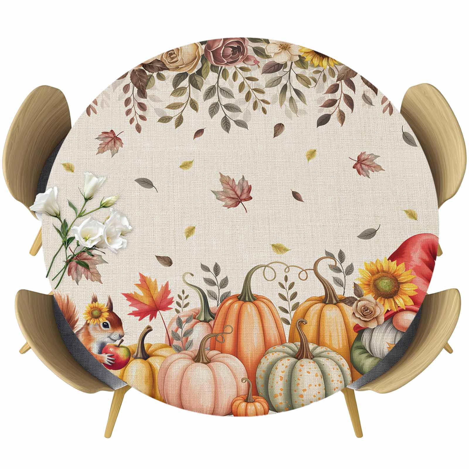 Fall Gnomes Round Tablecloth, Fitted Table Cover with Elastic for 55 ...