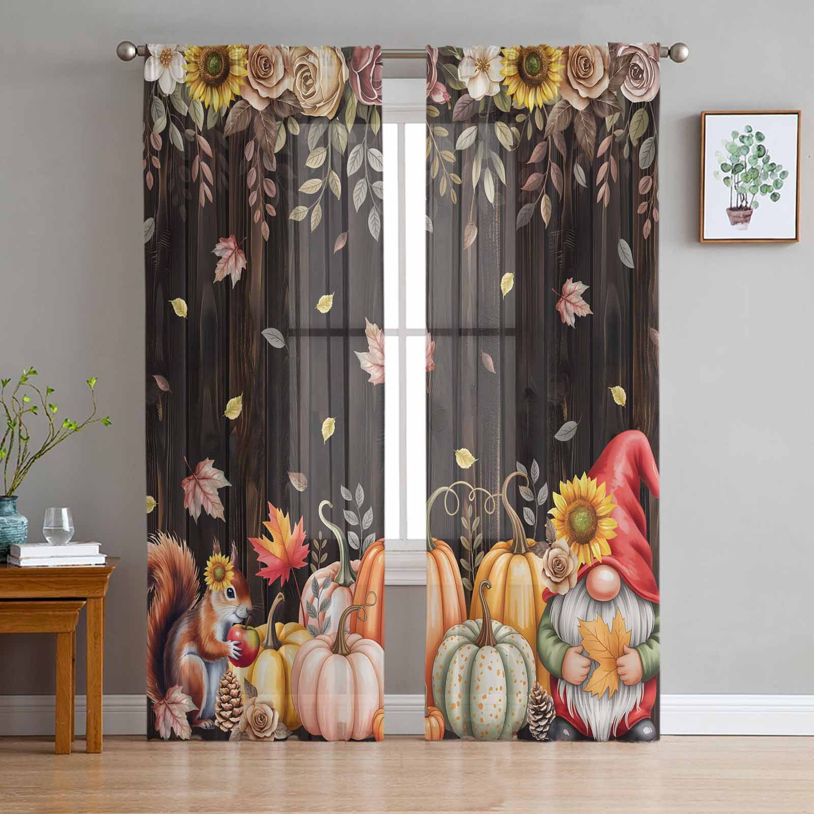 Fall Gnomes Sheer Curtains 63 Inches Length 2 Panels Set, Window Sheer ...