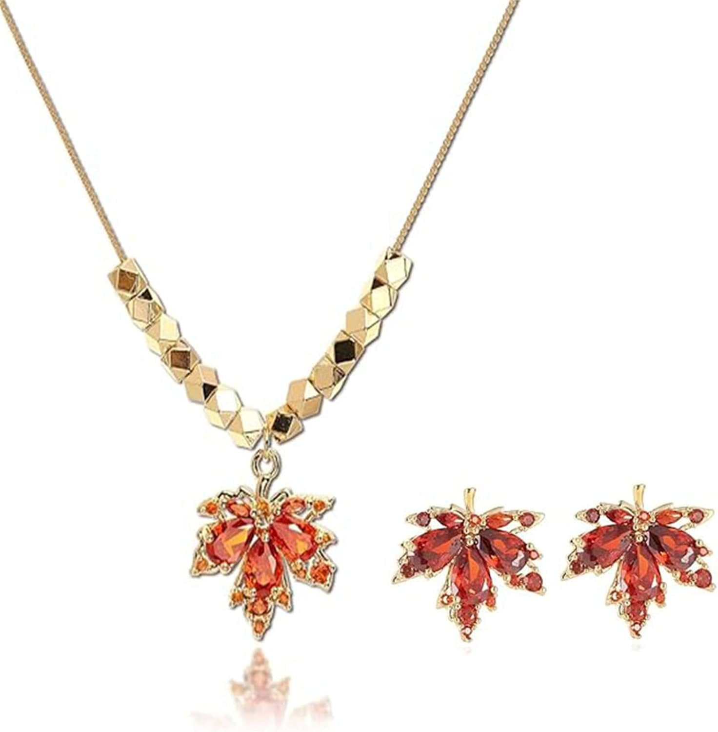 Fall Gold Maple Leaf Earrings Necklace Set for Women Unique Rhinestone ...