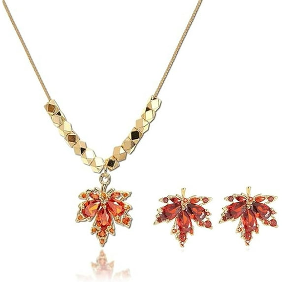 Fall Gold Maple Leaf Earrings Necklace Set for Women Unique Rhinestone ...