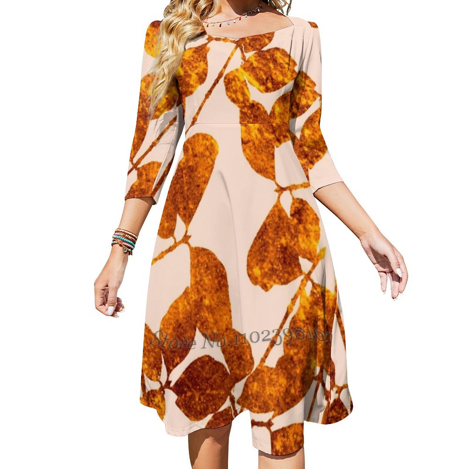 Fall Golden Leaves Flare Dress Square Neck Dress Elegant Female Fashion ...