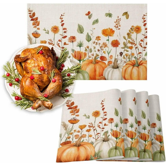 Fall Green Orange Pumpkin Placemats Set of 6, Thanksgiving Autumn ...