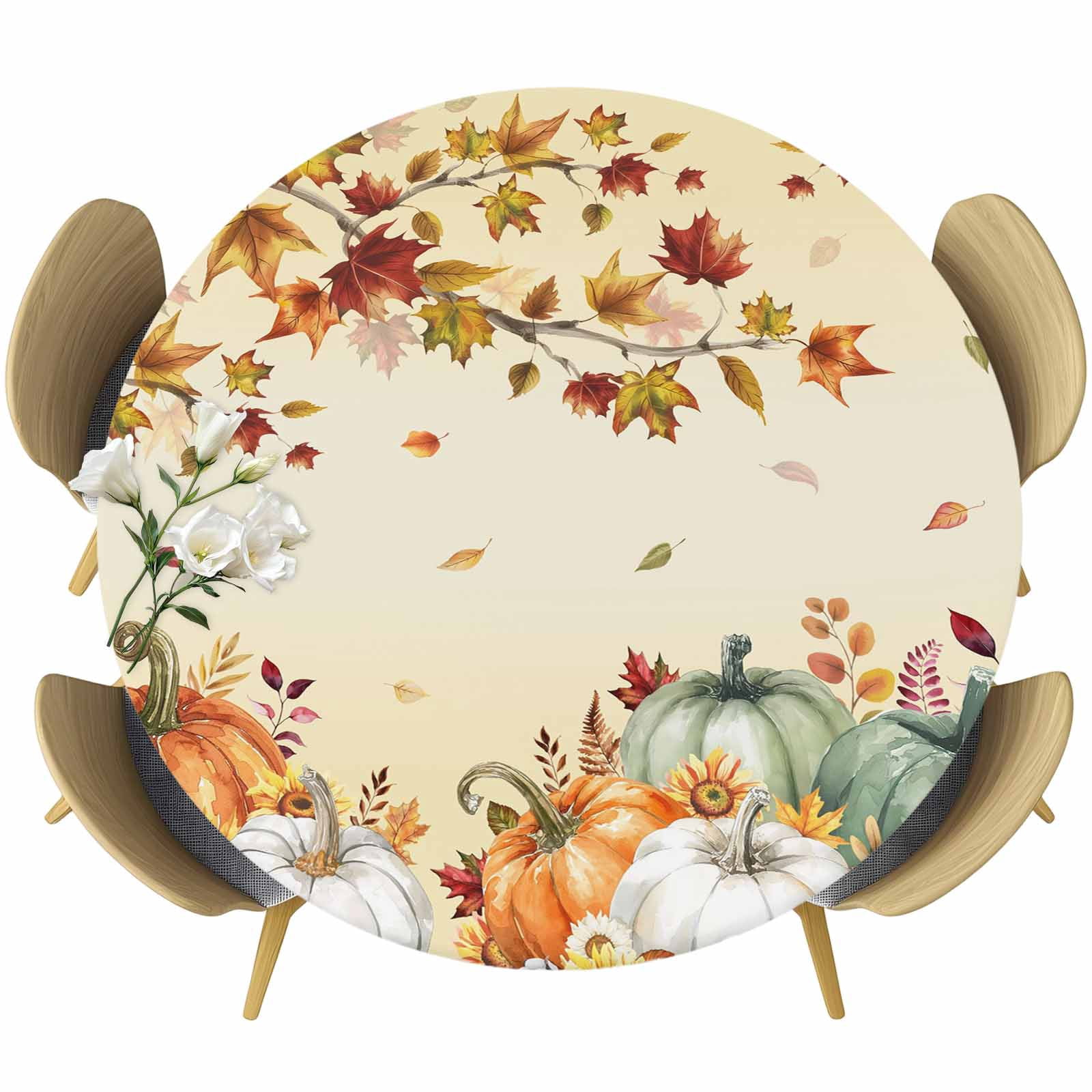 Fall Green Orange Round Tablecloth, Fitted Table Cover with Elastic for ...