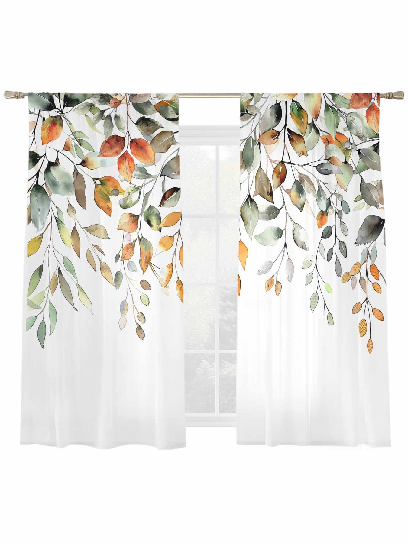 Fall Green Sage Leaf Sheer Curtains 63 inches Long 2 Panels Set ...