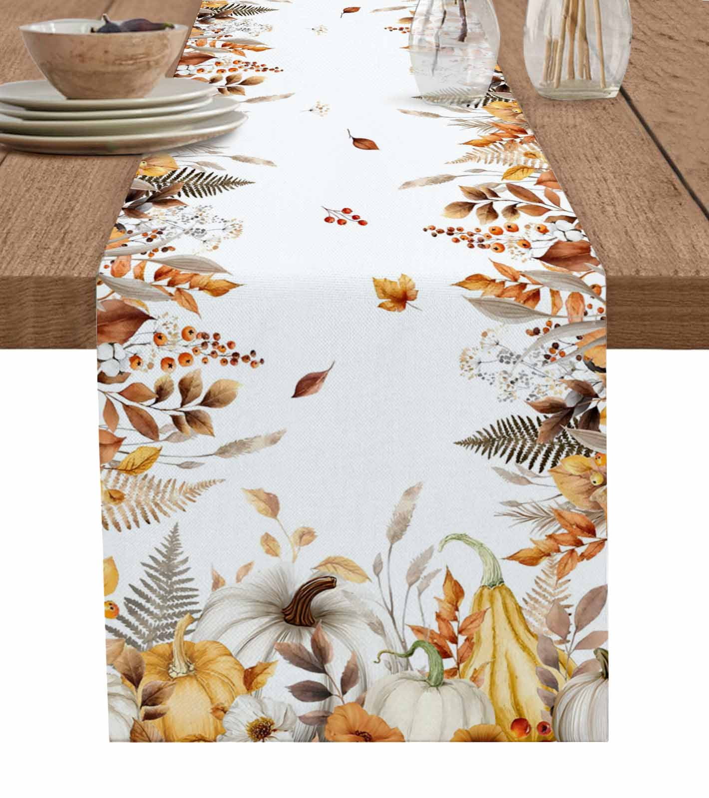 Fall Grey Orange Table Runner 72 Inches, Thanksgiving Pumpkins Brown ...