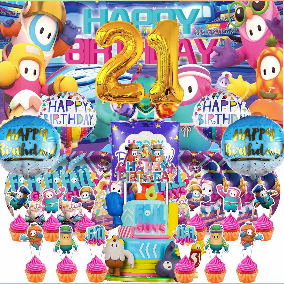 Fall Guys 21th Tableware Balloons Cake Toppers Backdrop Banner Supplies ...