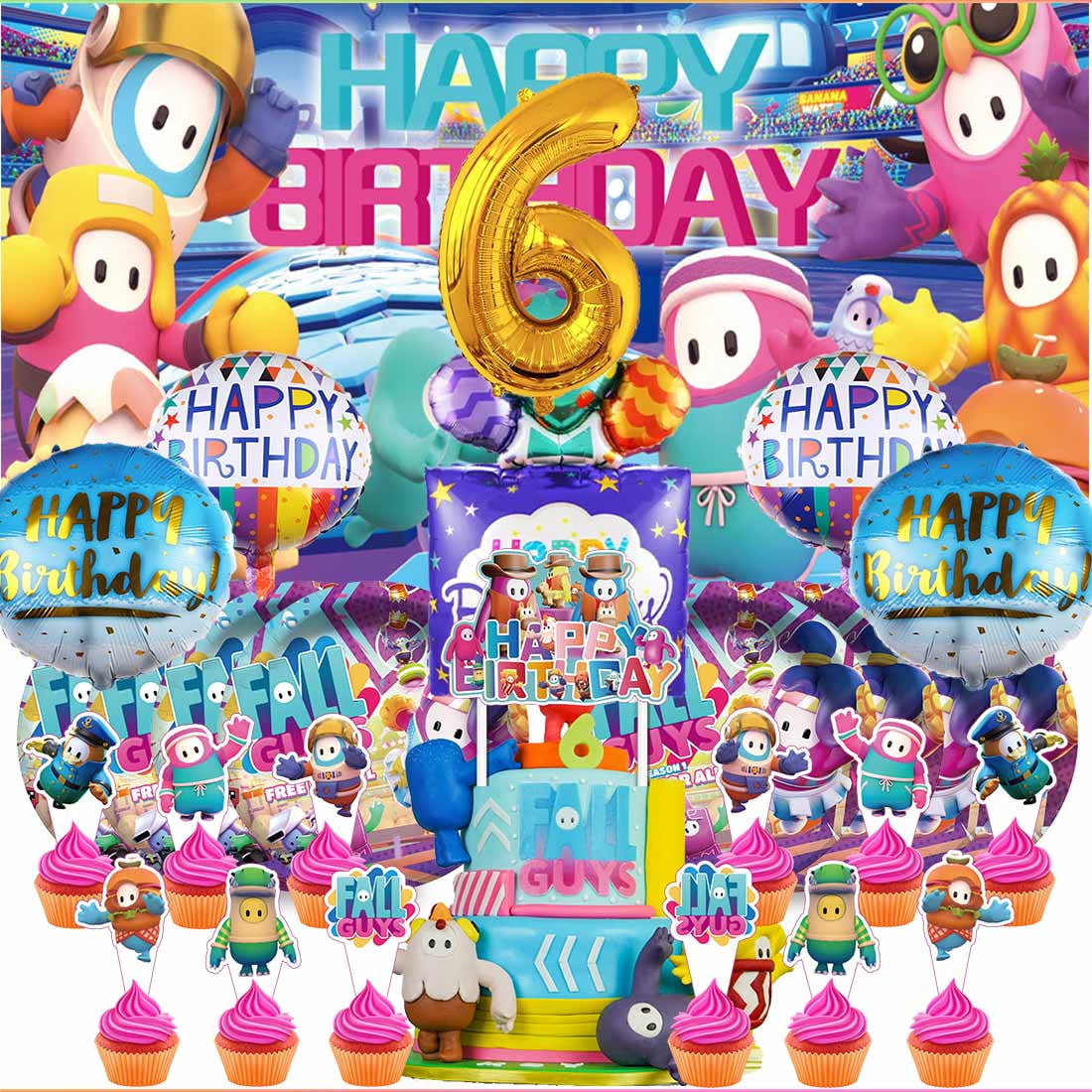 Fall Guys 6th Tableware Balloons Cake Toppers Backdrop Banner Supplies ...