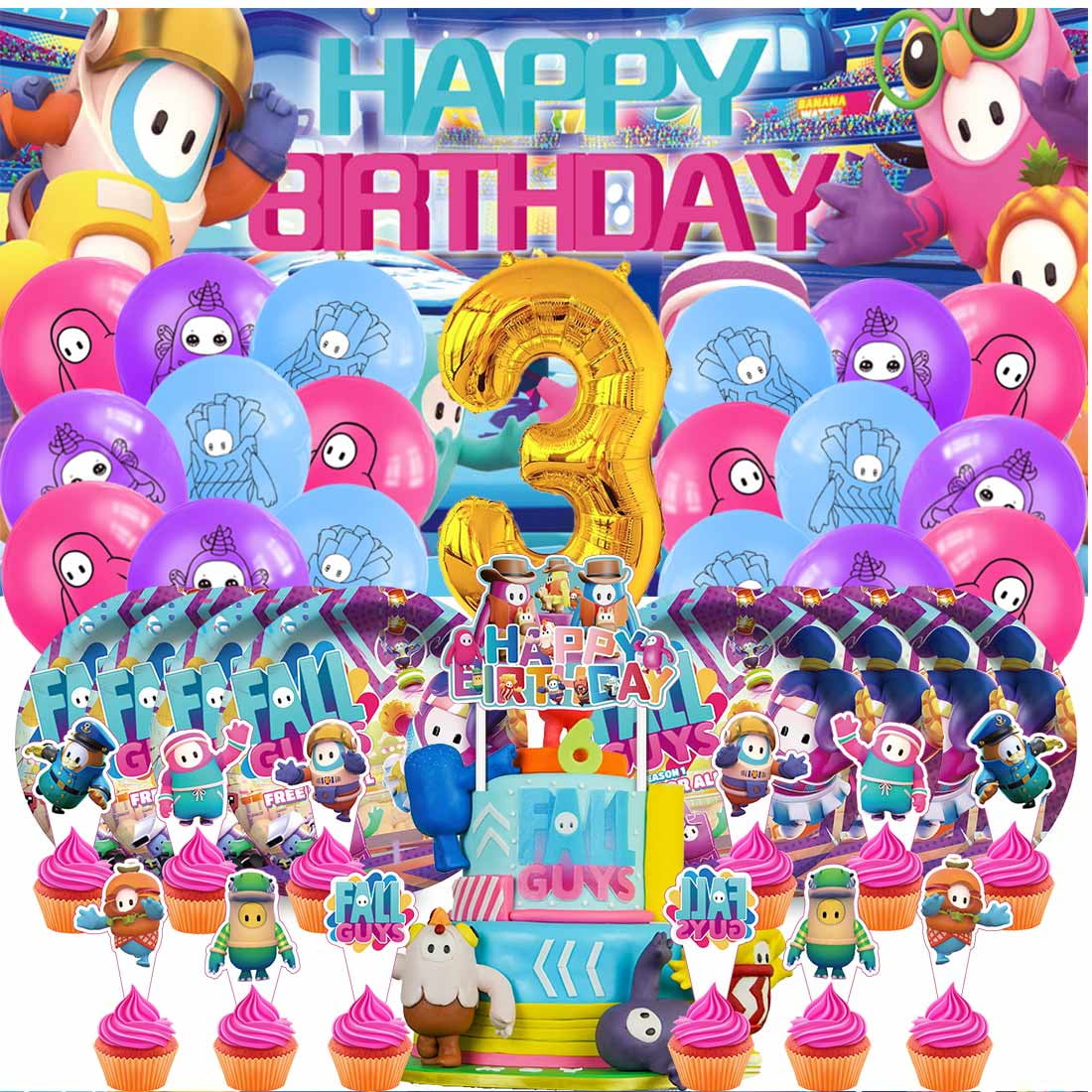 Fall Guys Balloons Party Supplies 3rd Decor Tableware Birthday Cake ...