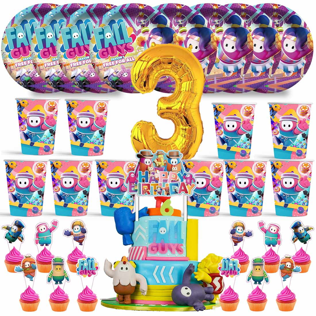 Fall Guys Birthday 3rd Cups Party Supplies Plates Fans Decorations Cake ...