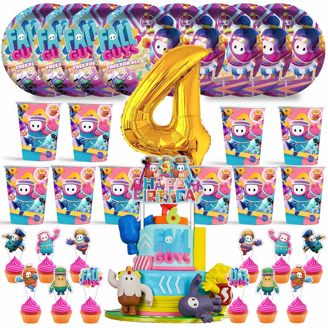 Fall Guys Birthday 4th Cups Party Supplies Plates Fans Decorations Cake ...
