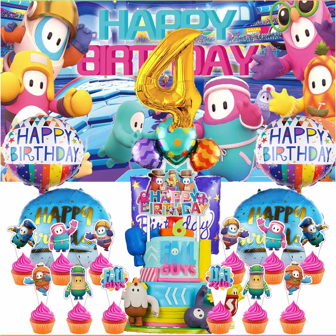 Fall Guys Party Supplies Decor 4th Kit Balloons Birthday Cake Topper ...