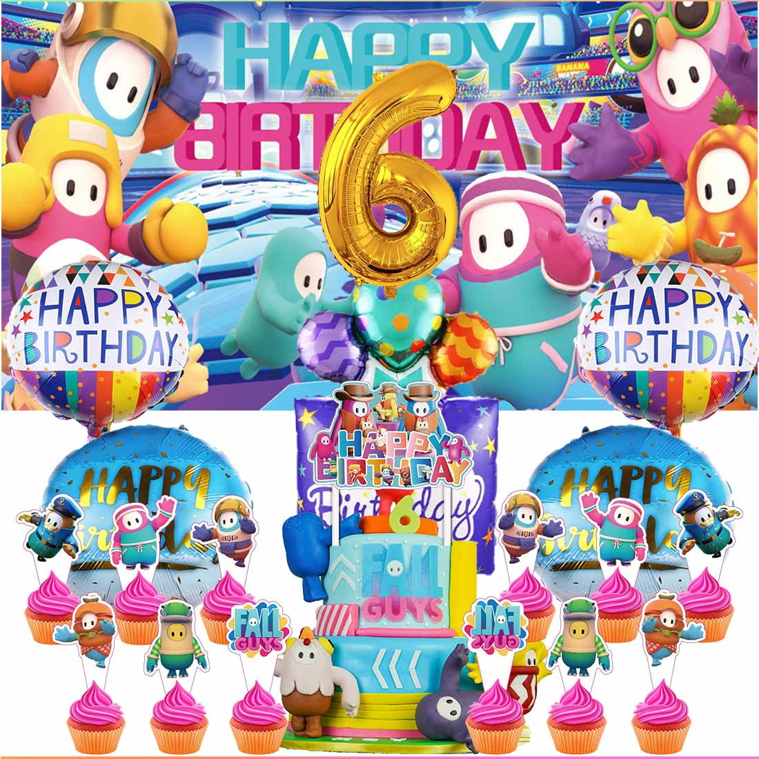 Fall Guys Party Supplies Decor 6th Kit Balloons Birthday Cake Topper Banner Backdrop Decorations ...