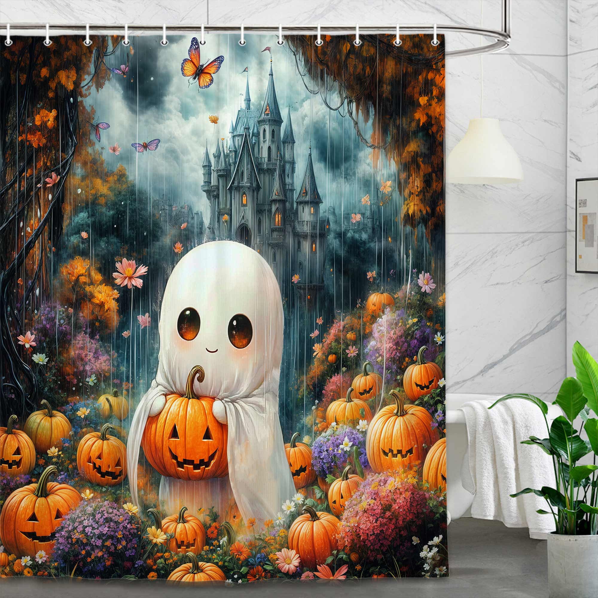 Fall Halloween Shower Curtain, Cute Spooky Halloween Ghost Castle in ...