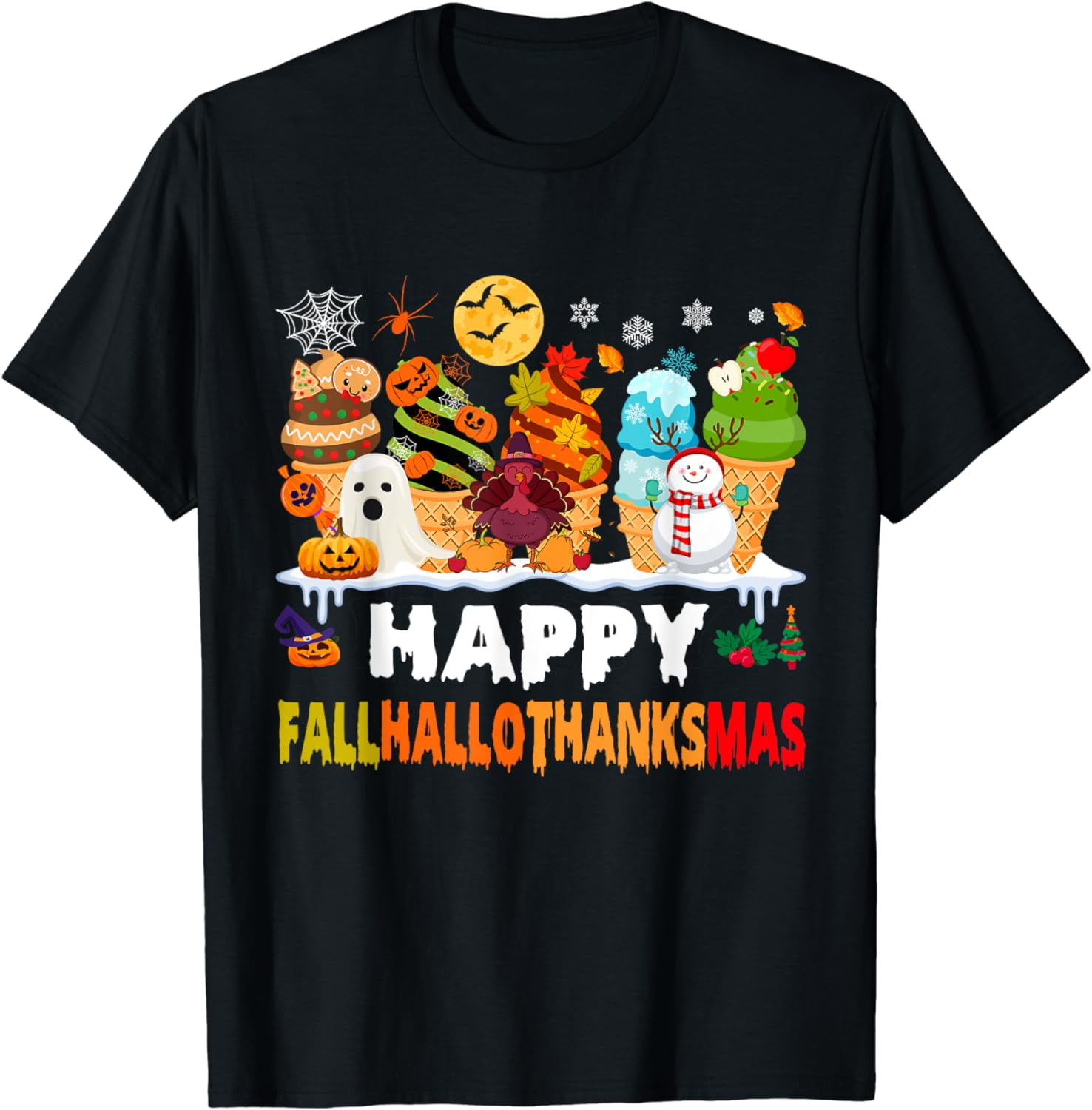 Fall Halloween Thanksgiving Christmas Happy HalloThanksMas T-Shirt ...