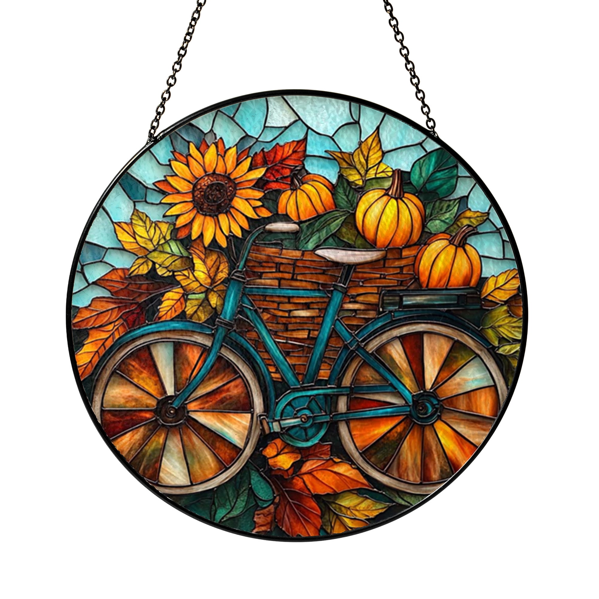 Fall Harvest Bicycle Faux Stained Glass Round Window Decor2001 ...