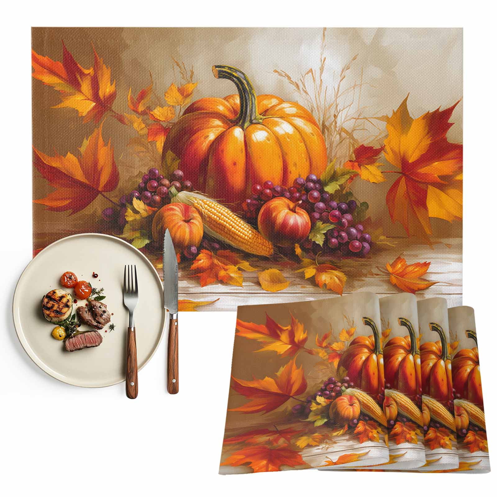 Fall Harvest Placemats Set of 6 Orange Pumpkin Grape Corn Maple Leave ...