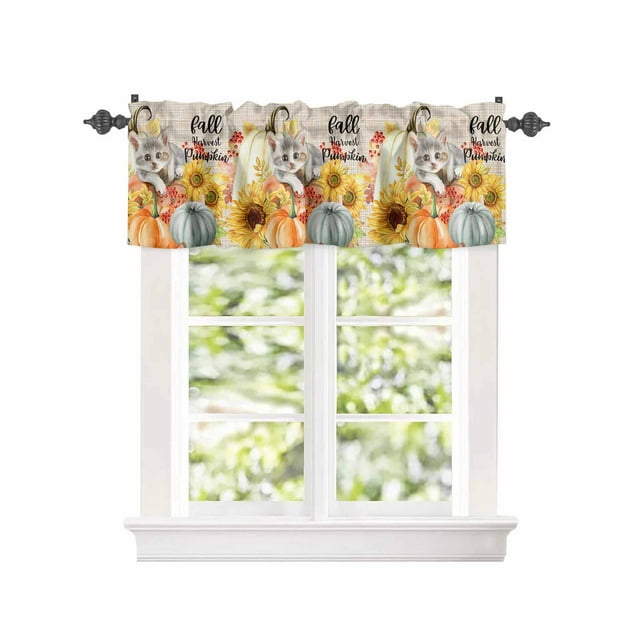 Fall Harvest Pumpkin with Lovely Cat Window Valances for Kitchen,Rod ...