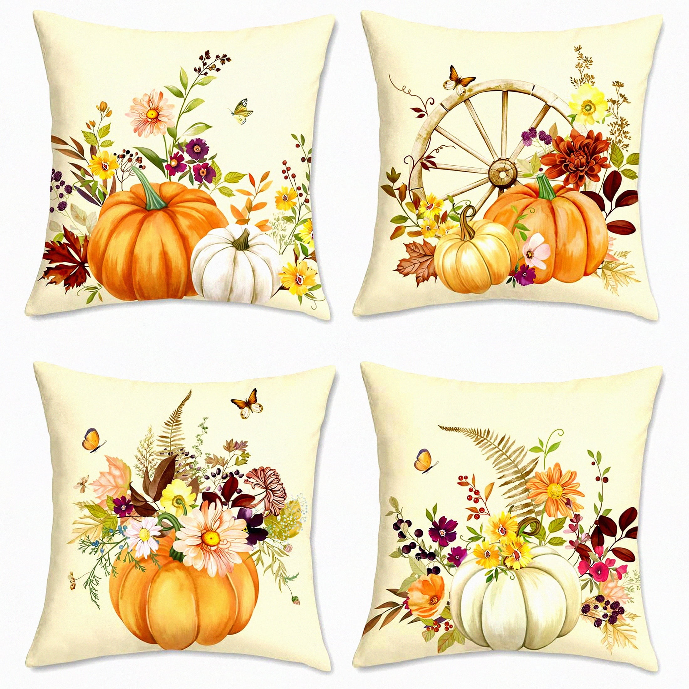 Fall Harvest Pumpkin Pillow Covers - Set of 4 Autumn Leaves Decorative ...