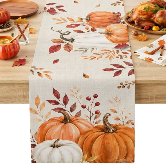 Fall Harvest Table Runner, Thanksgiving Orange Pumpkins Maple Leaves ...