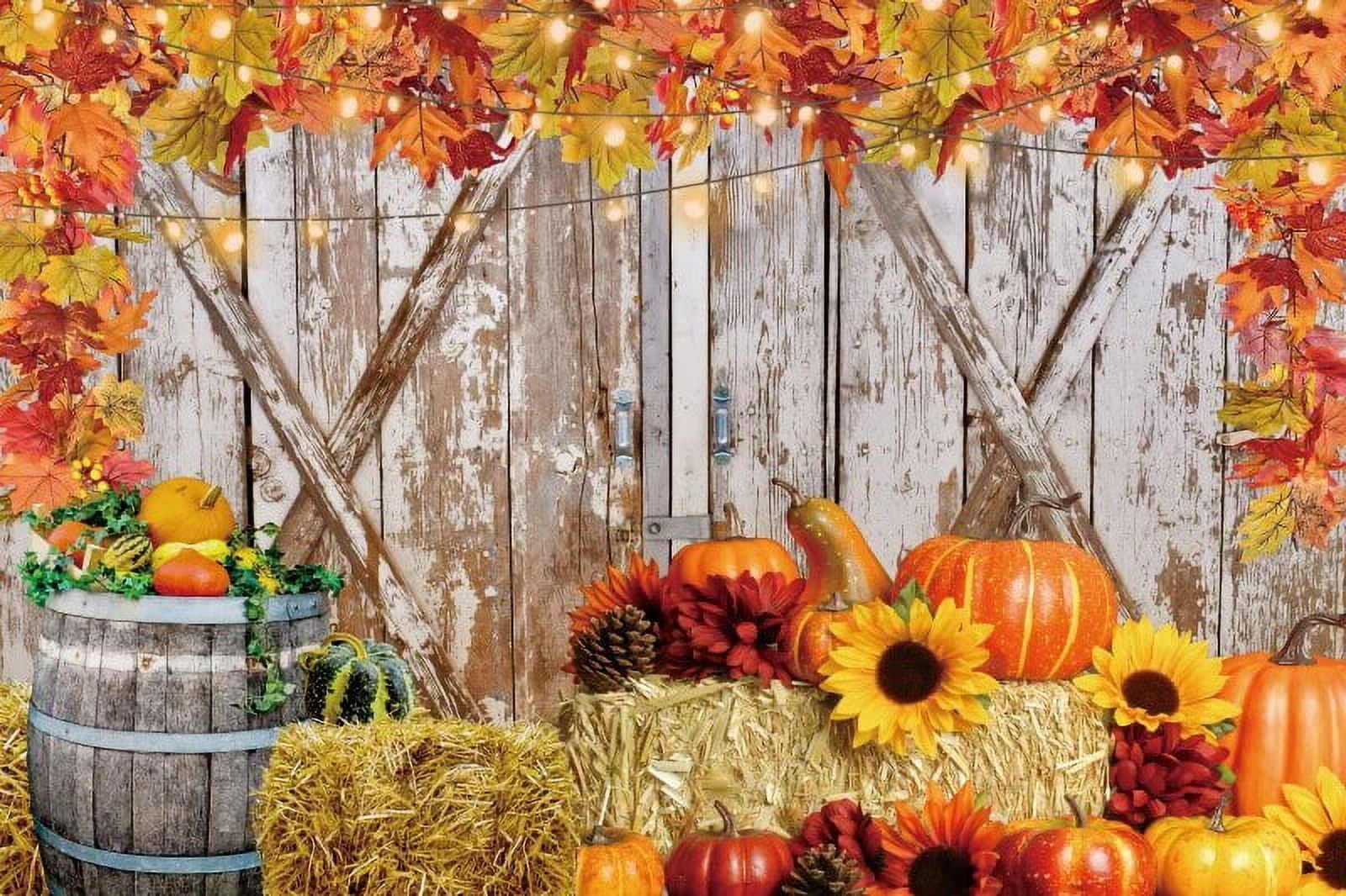Fall Harvest Wood Backdrop Pumpkin Barn Straw Sunflower Autumn Maple ...