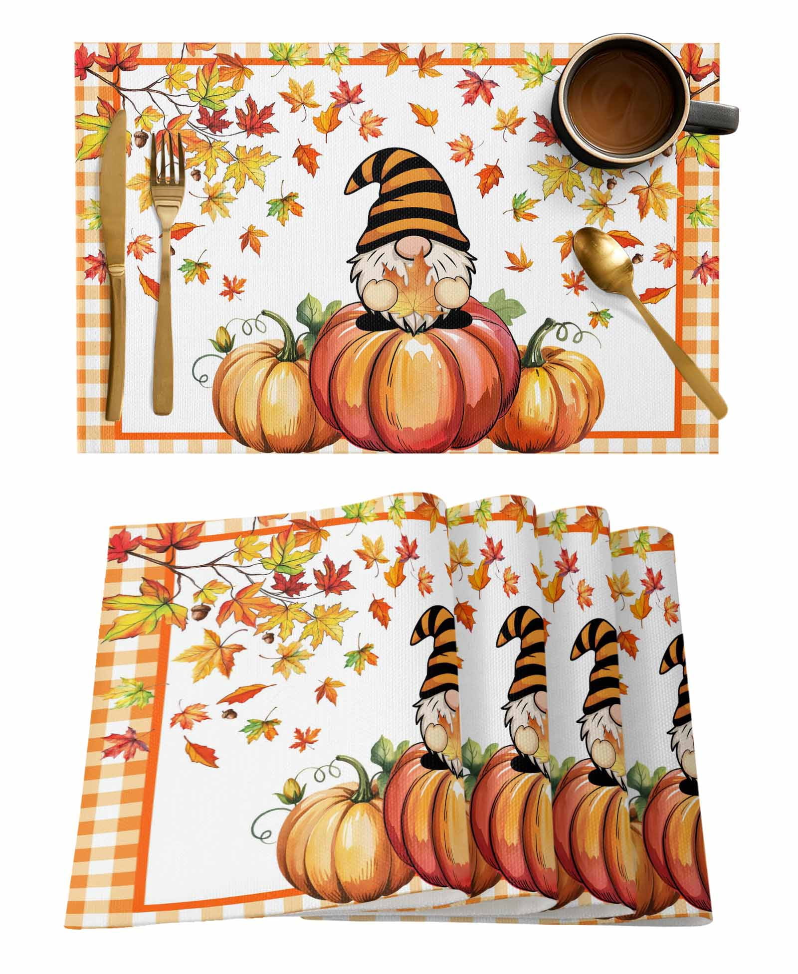 Fall Hat Placemats Set of 4 Gnome on Pumpkin Maple Leaves Thanksgiving ...