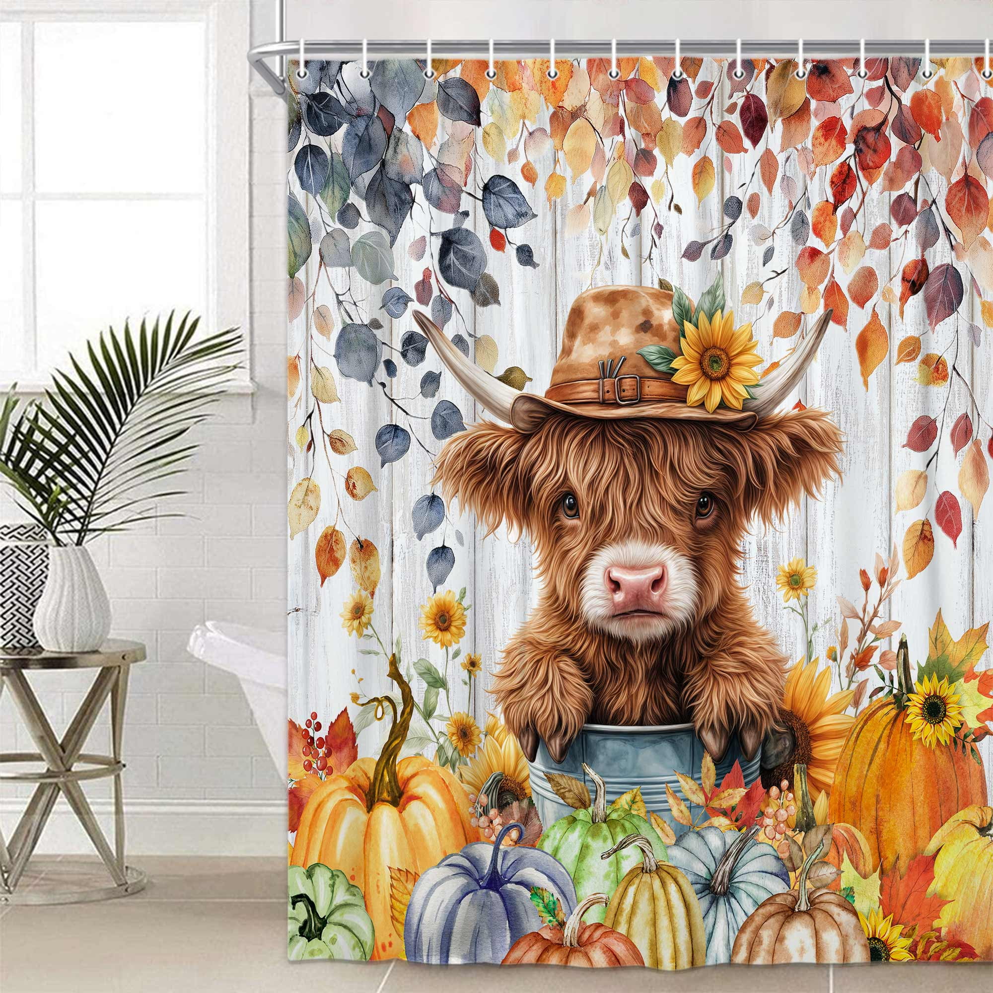 Fall Highland Cow Shower Curtain, Autumn Pumpkin Harvest Maple Leaves ...