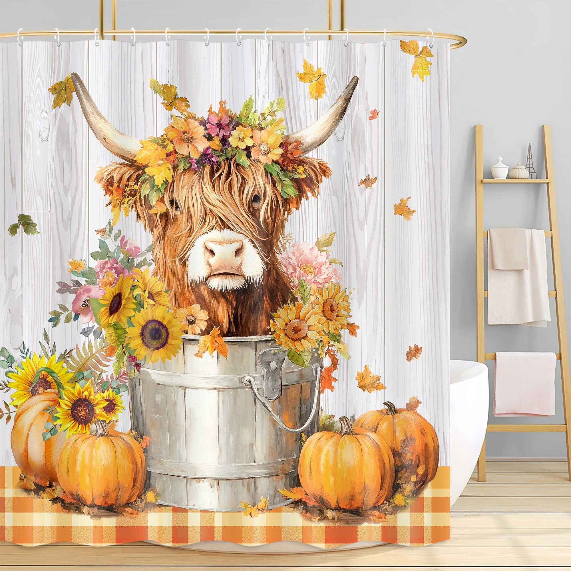 Fall Highland Cow Shower Curtain, Funny Autumn Pumpkin Maple Leaves ...