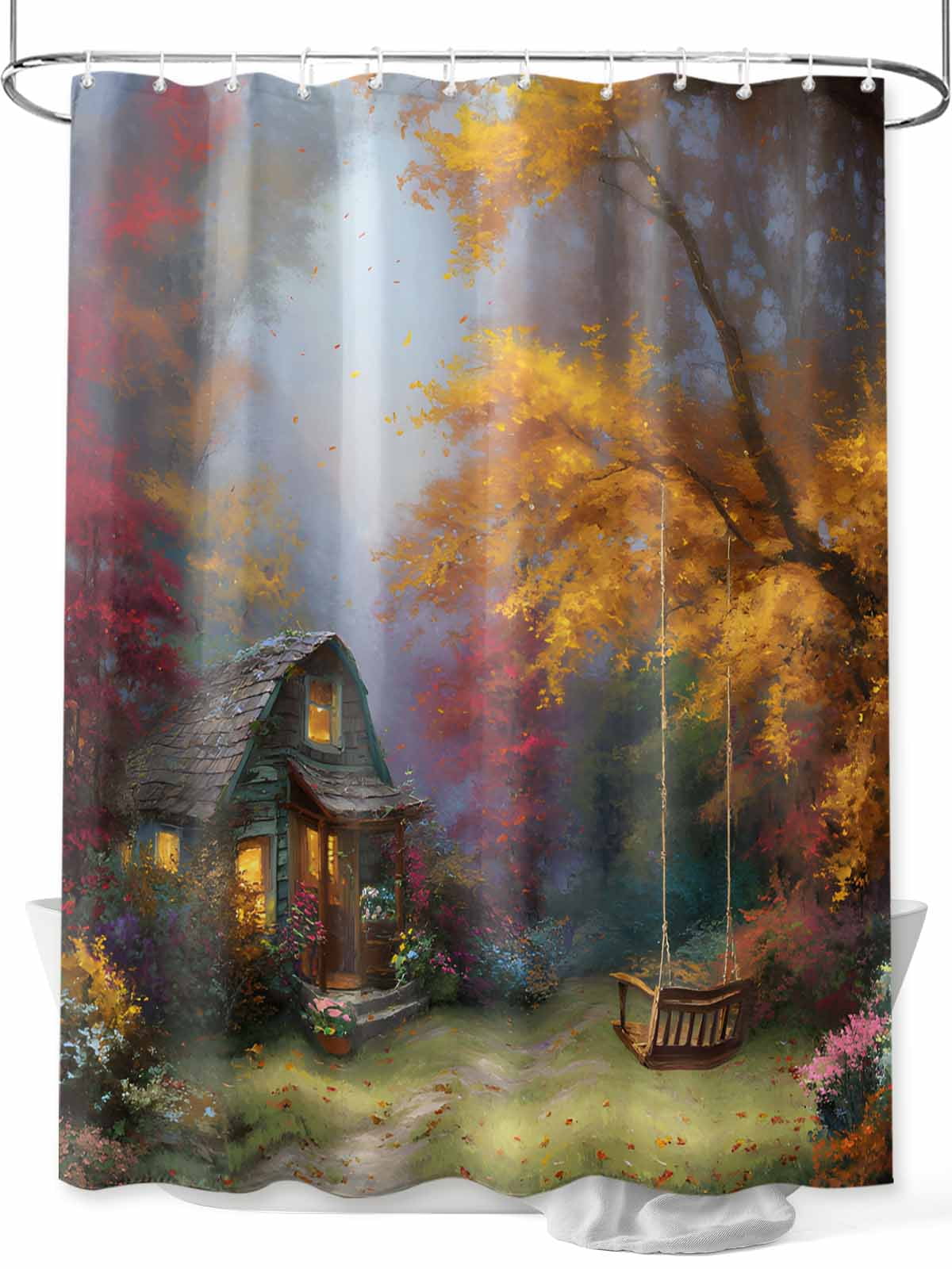Fall No Hook Shower Curtain with Snap in Liner Forest Cabin Fall Fallen ...