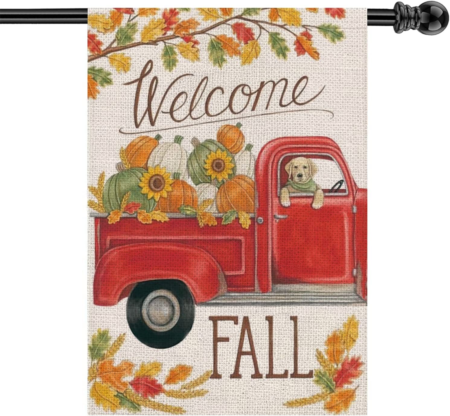 Fall House Flag Fall Truck Pumpkin Welcome Flags Double Sided Vertical ...