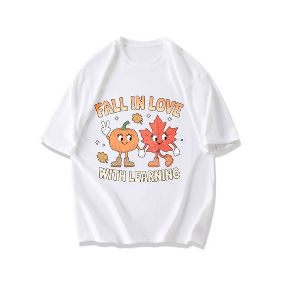 Fall In Love With Learning T-Shirt Black Pumpkin And Leaf Cartoon Print ...