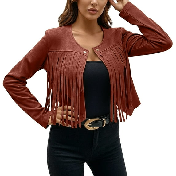 Fall Jacket for Women 2025 Solid Suede Fringe Button Open Front ...