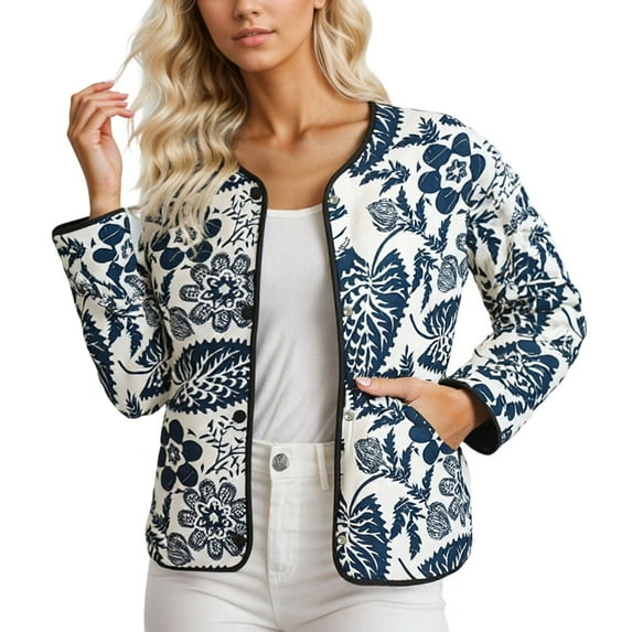 Fall Jacket for Women 2025 Vintage Floral Print Quilted Long Sleeve ...