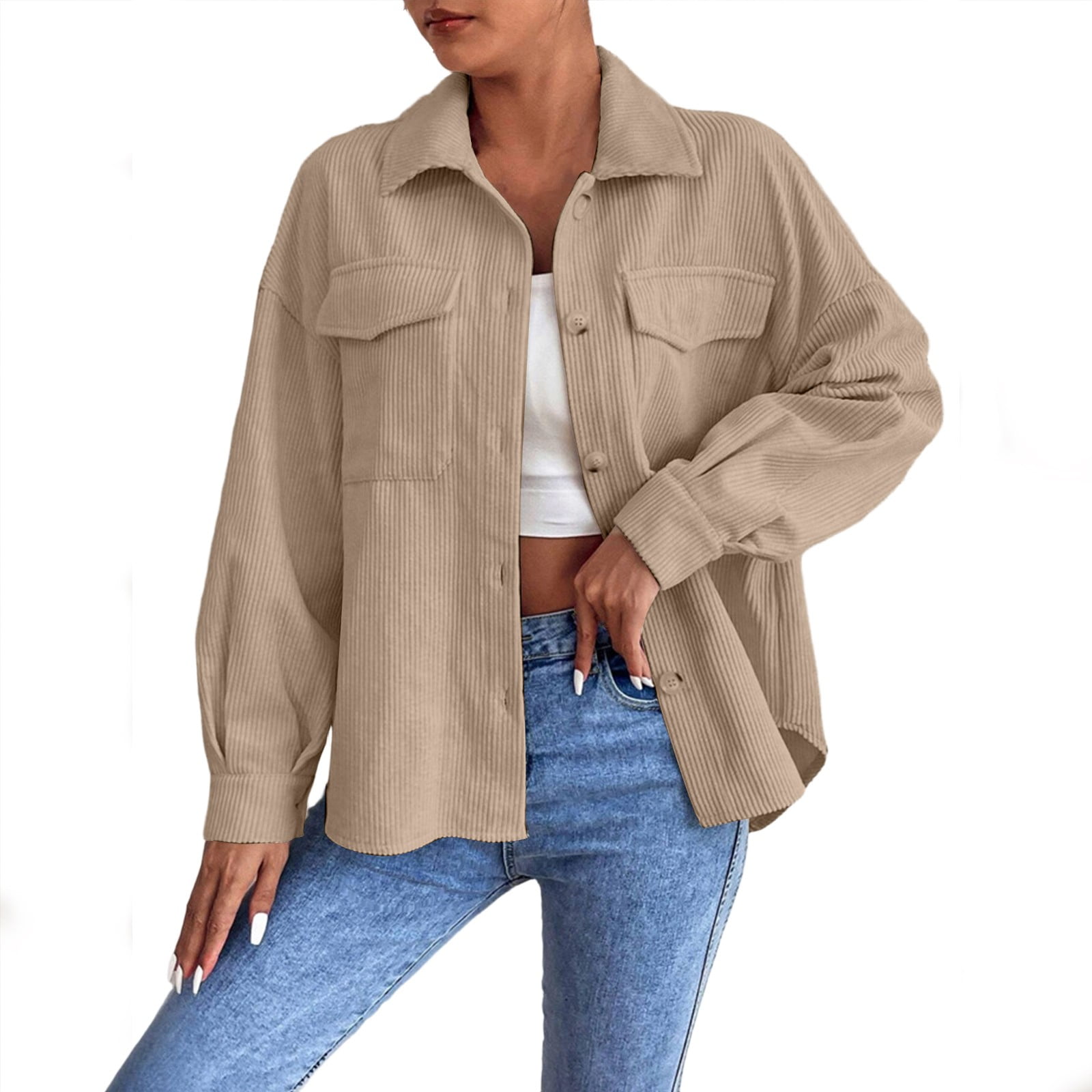 Fall Jackets Sevevn Womens Corduroy Shirts Oversized Long Sleeve Button ...