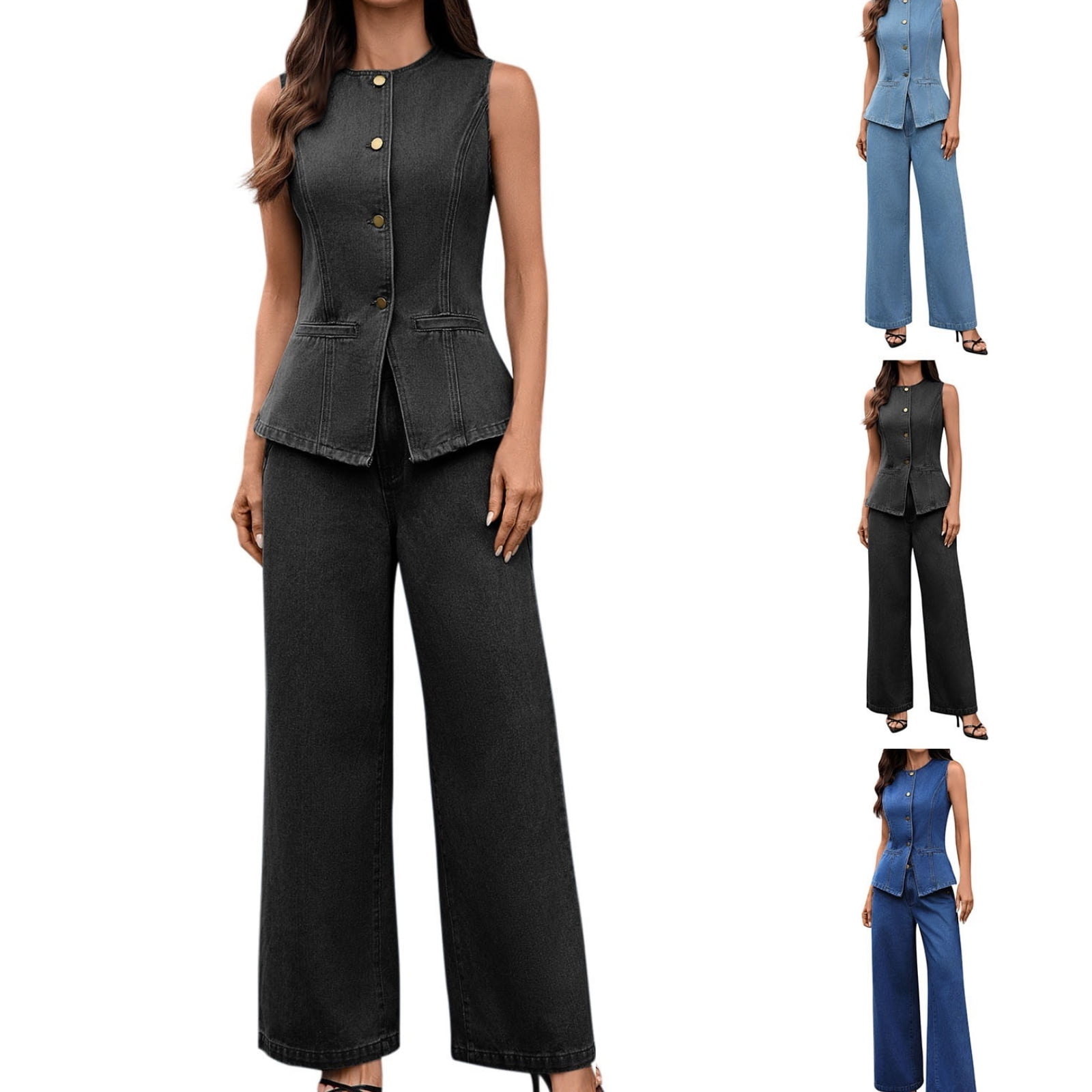 Fall Jean Outfits for Women 2 Piece Sets Fitted Sleeveless Crew Neck ...