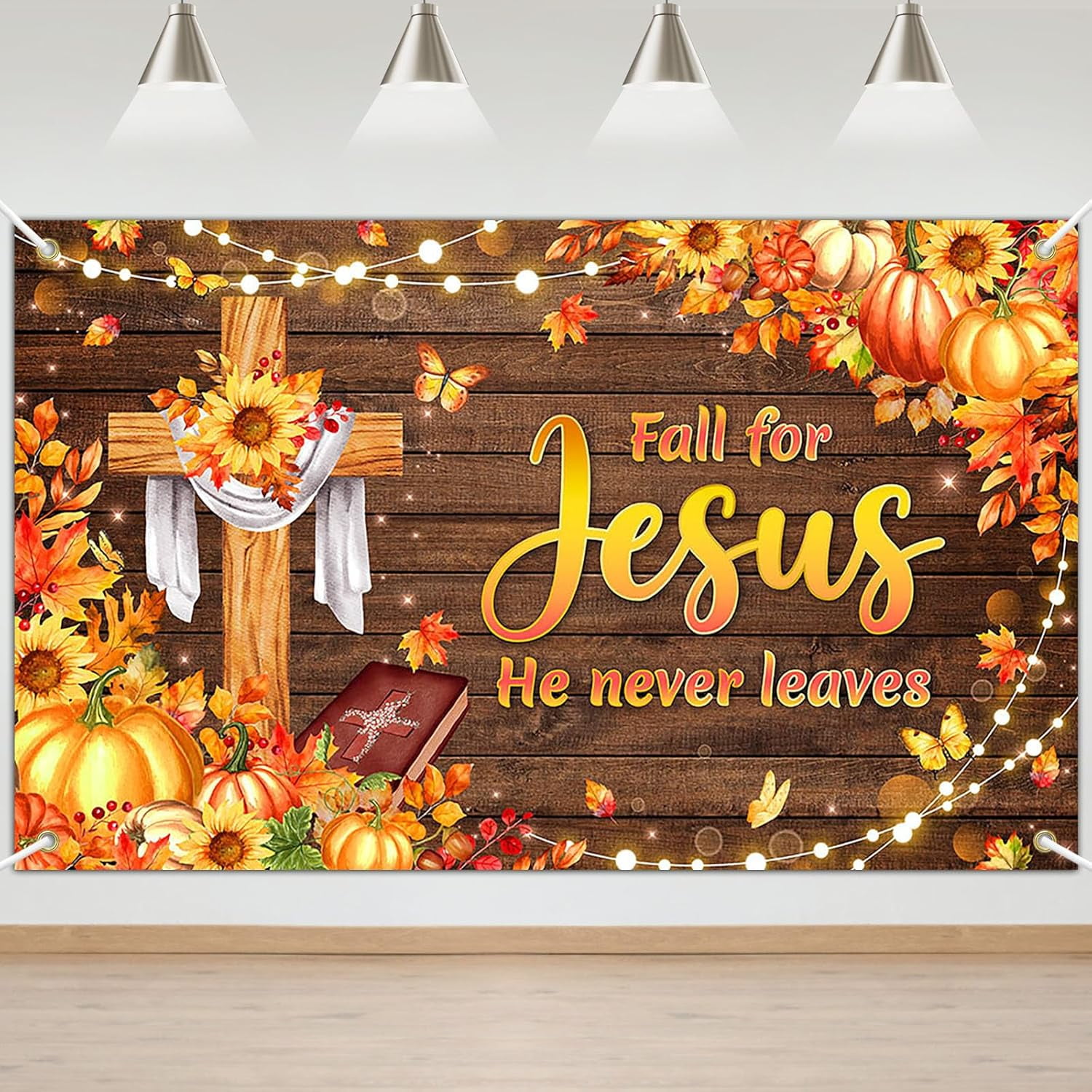 Fall for Jesus He Never Leaves Banner Autumn Thanksgiving Party ...