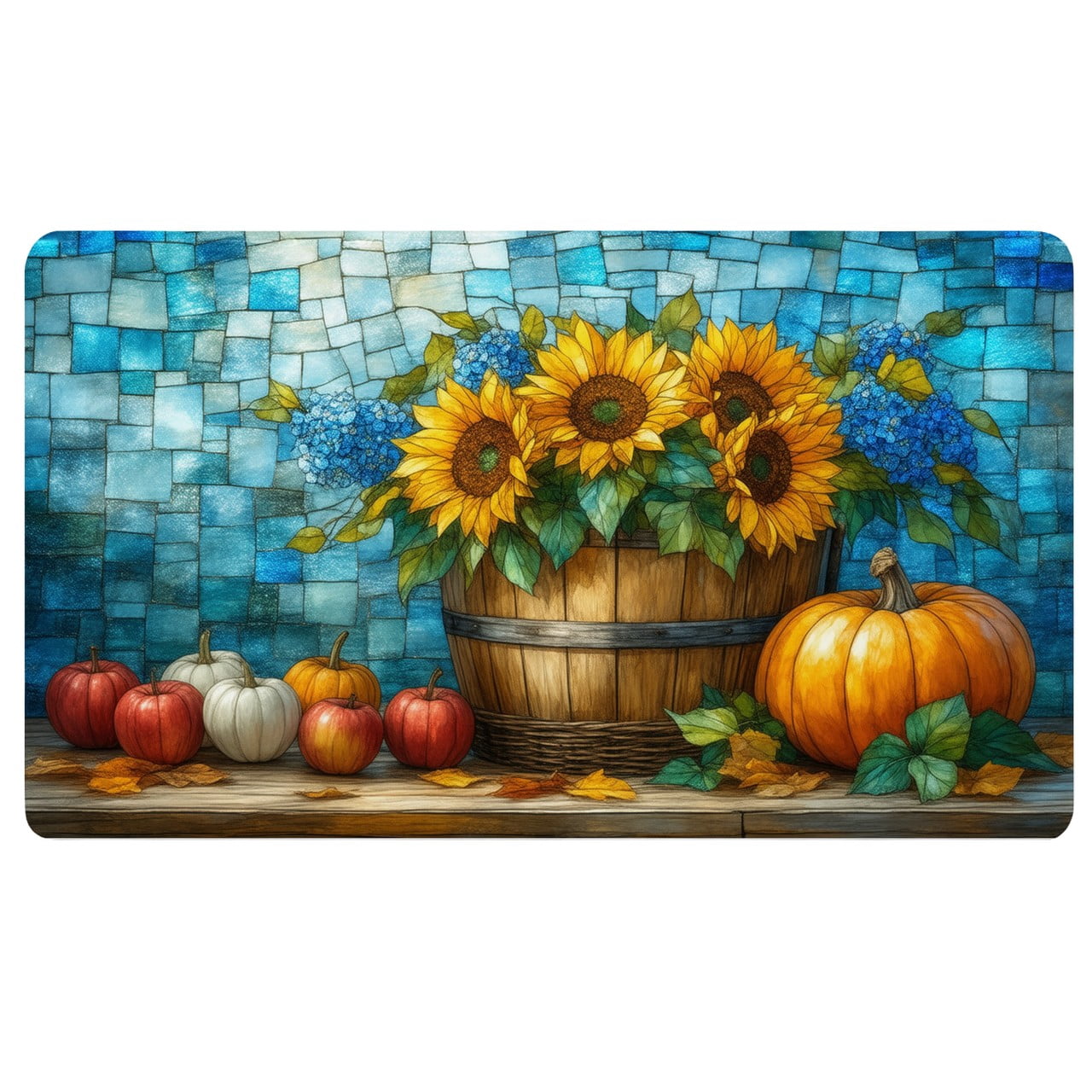 Fall Keyboard Mat,A painting of sunflowers and pumpkins in a basket on ...