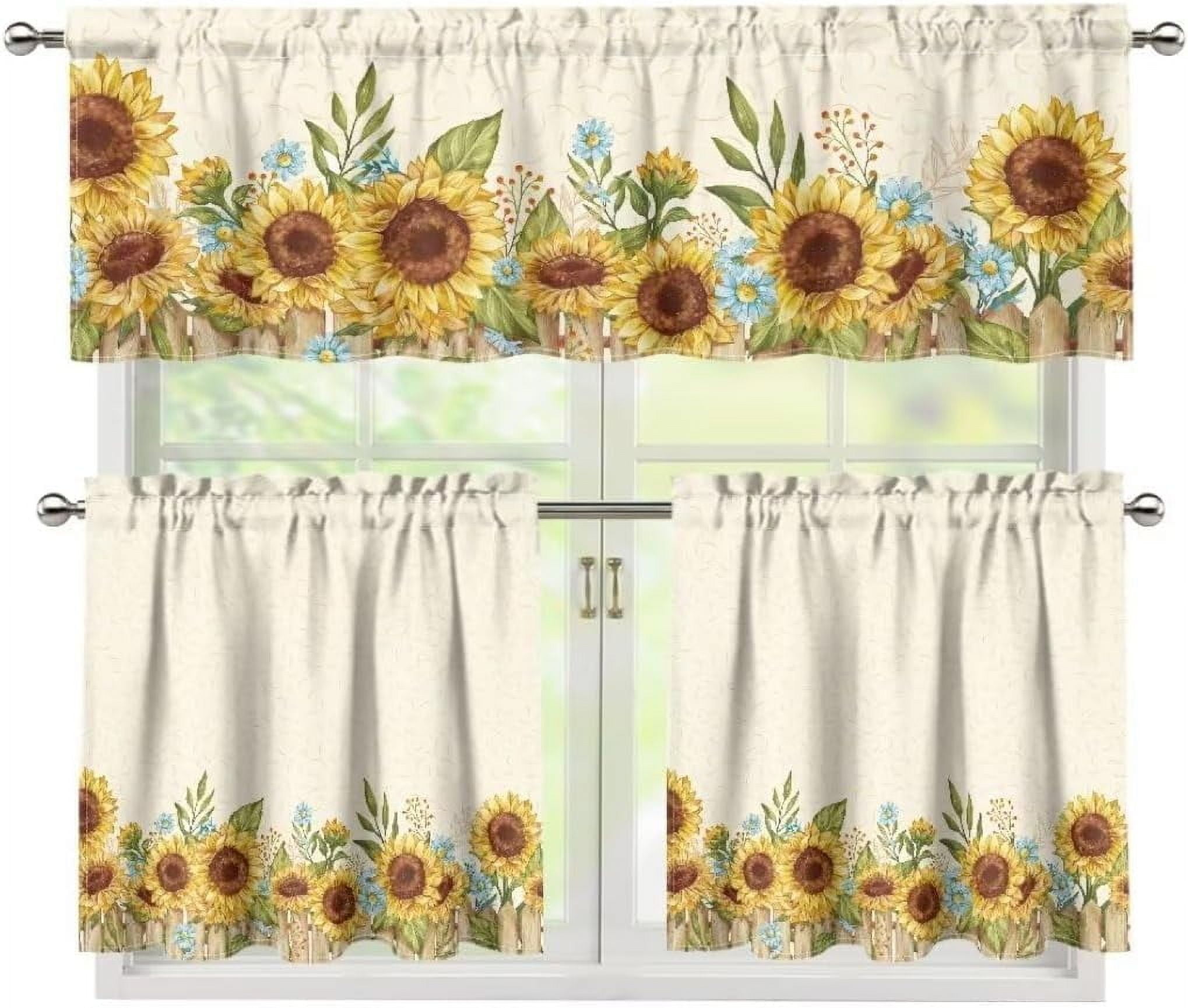 Fall Kitchen Curtain and Valance Set Yellow Sunflower Thanksgiving Cafe ...