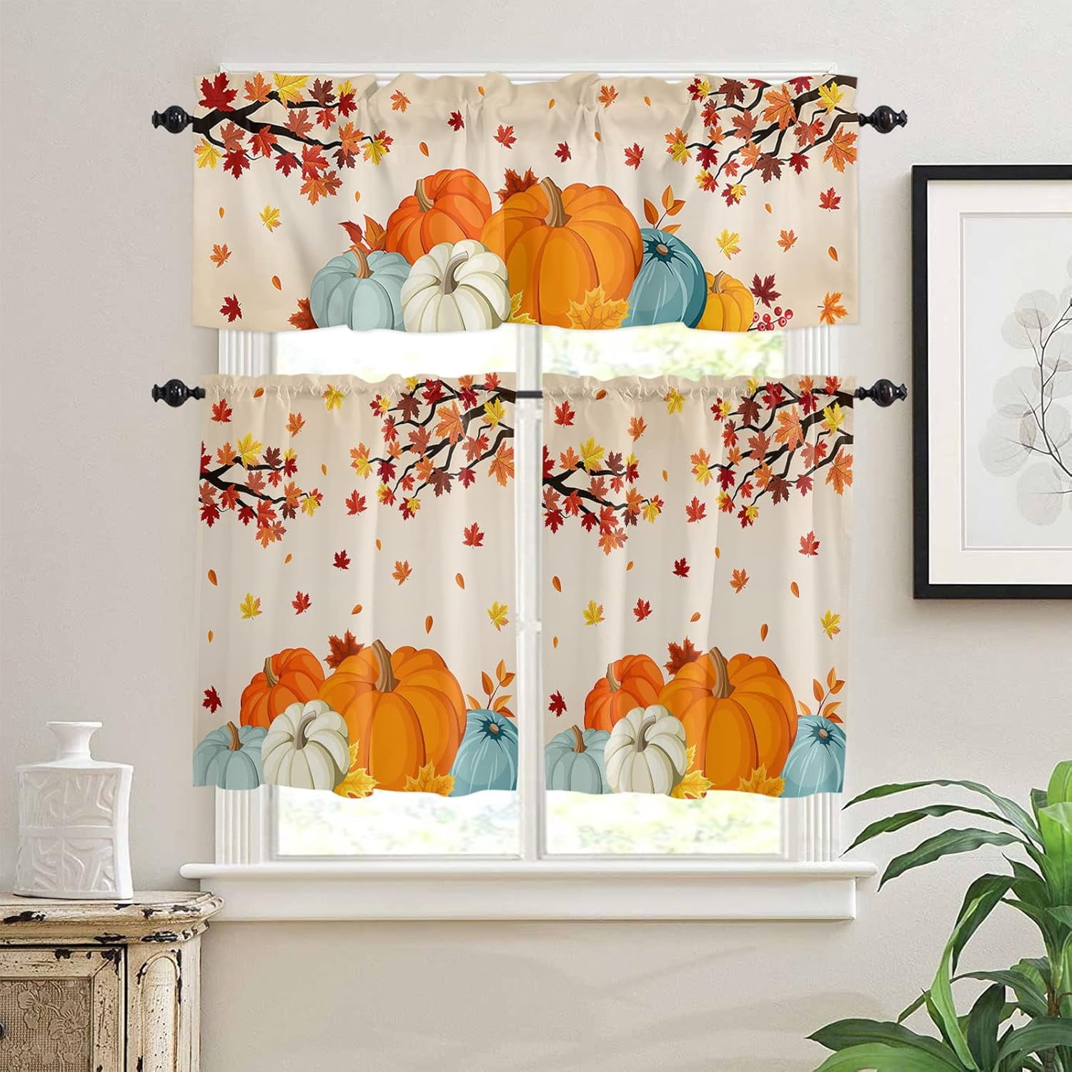 Fall Kitchen Curtain Valance and Tiers Set Fall Harvest Pumpkin Rod ...