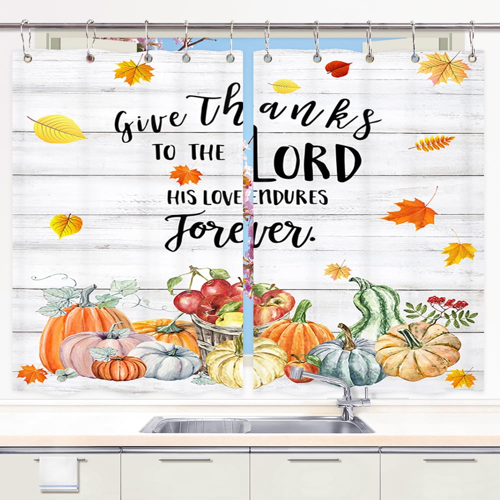 Fall Kitchen Curtains, Autumn Thanksgiving Pumpkins with Falling Maple ...
