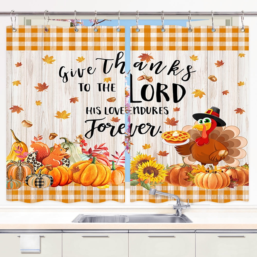 Fall Kitchen Curtains, Autumn Thanksgiving Pumpkins with Falling Maple ...