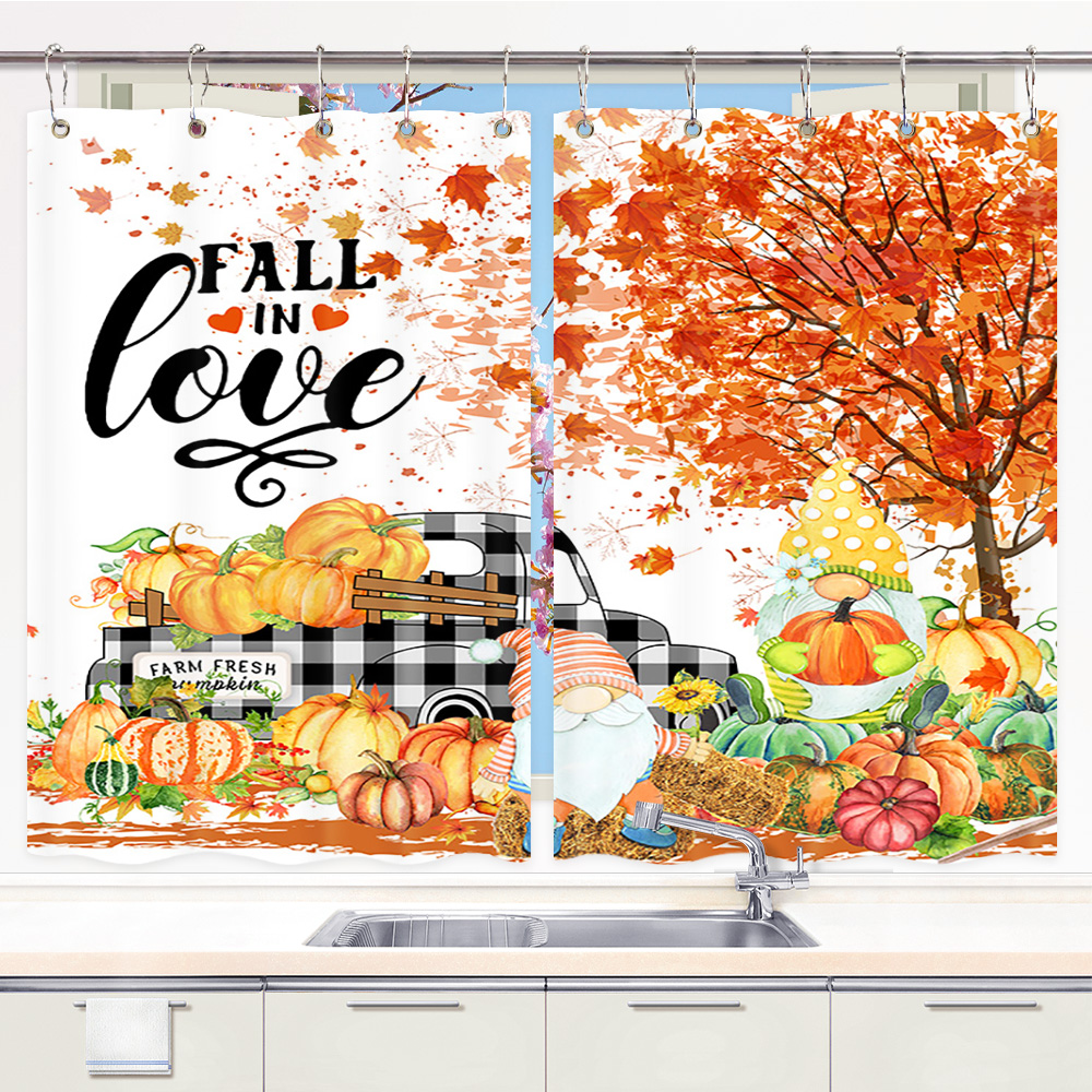 Fall Kitchen Curtains, Falling Maple Leaves Pumpkin Kitchen Curtain ...