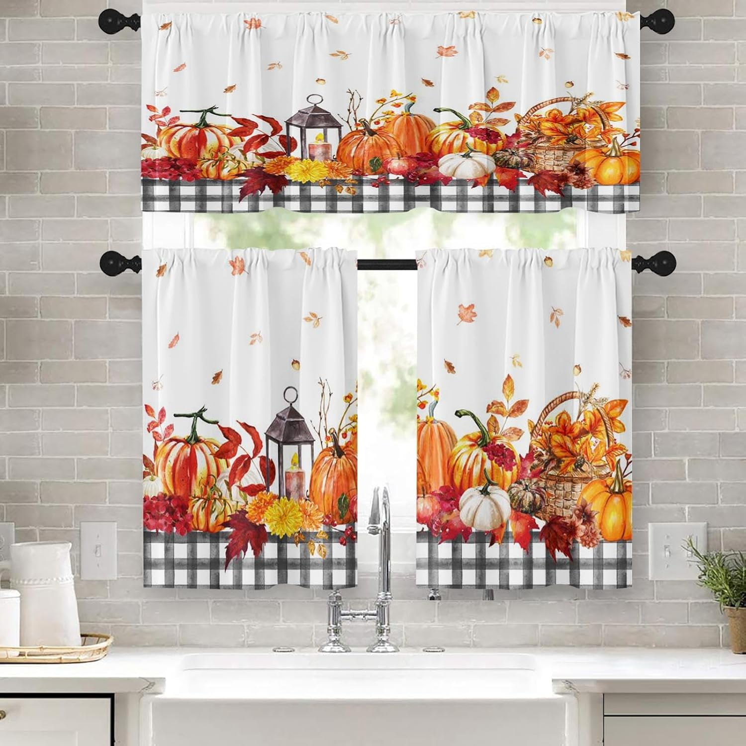 Fall Kitchen Curtains Farmhouse Gray Checked Window Curtains Valance ...