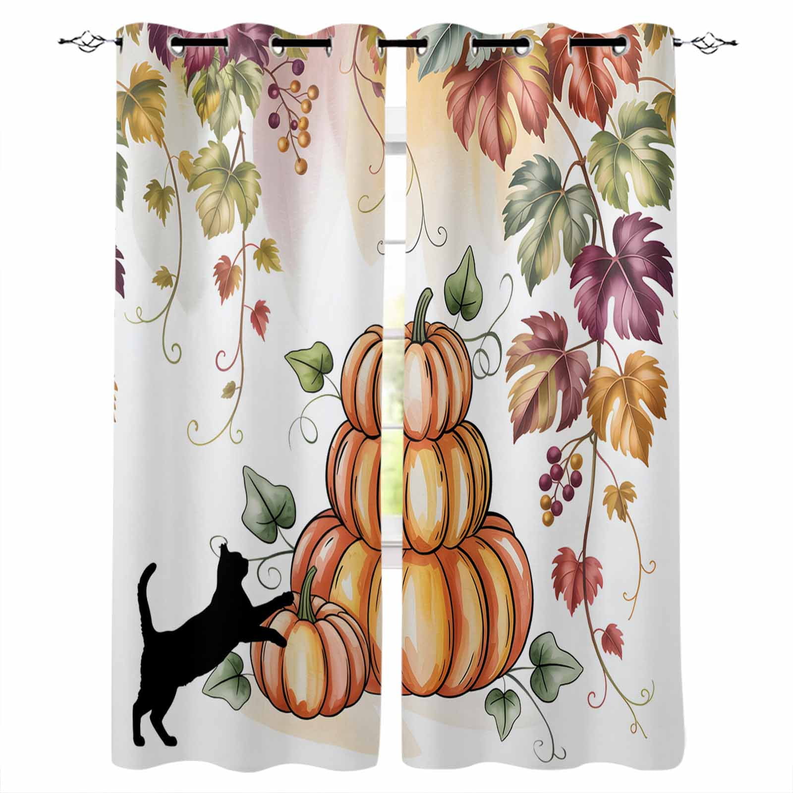 Fall Kitchen Curtains Pumpkins Cat Maple Leaf Thanksgiving Cafe Short ...