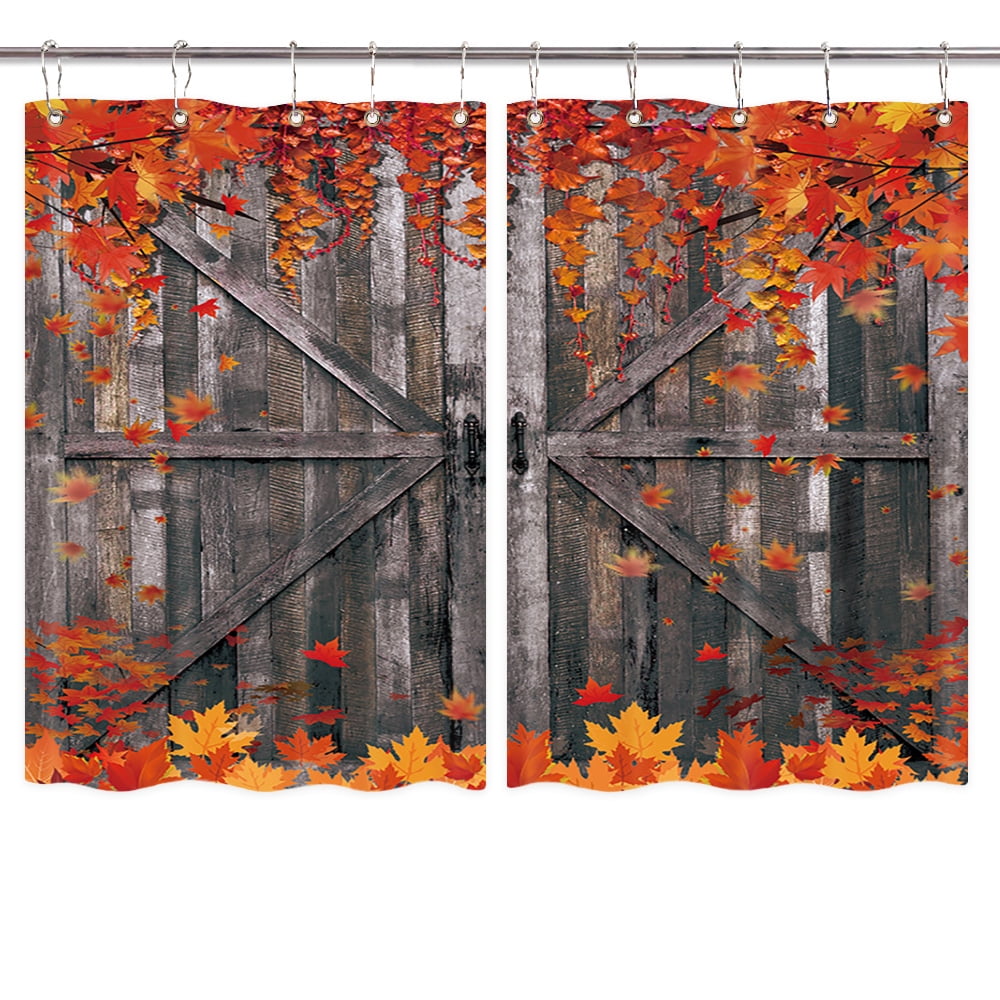 Fall Kitchen Curtains, Rustic Autumn Barn Door Kitchen Curtain and Fall ...